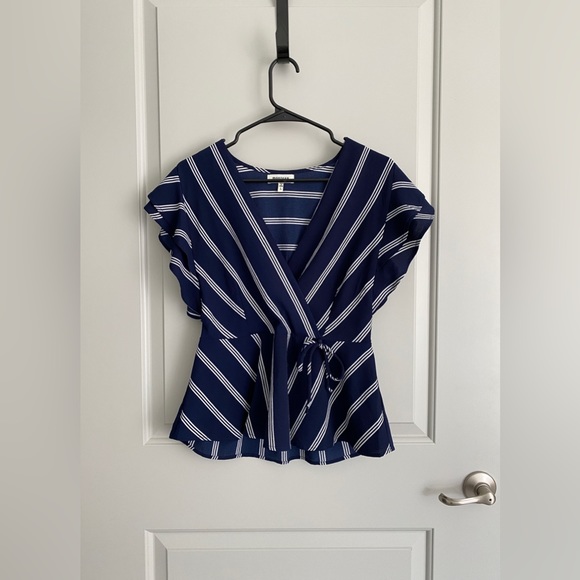 Monteau | Tops | Monteau Navy Blue Wwhite Striped Short Sleeve Blouse ...